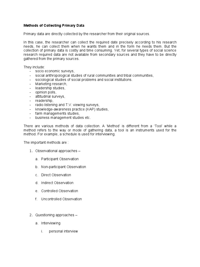 Methods of Collecting Primary Data | PDF | Observation | Questionnaire