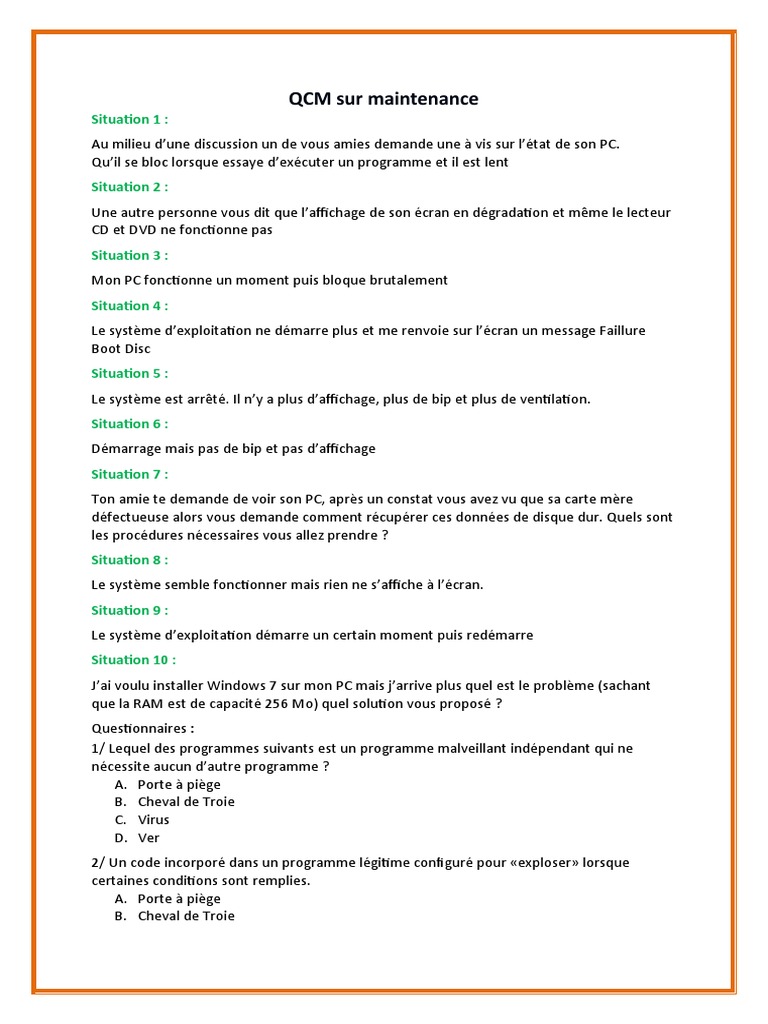 QCM Sur Maintenance | Descargar gratis PDF | Système d'exploitation | Registre Windows