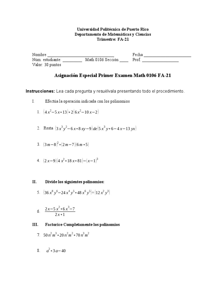 Asignación Especial Math 0106 Examen 1 FA-21 | PDF