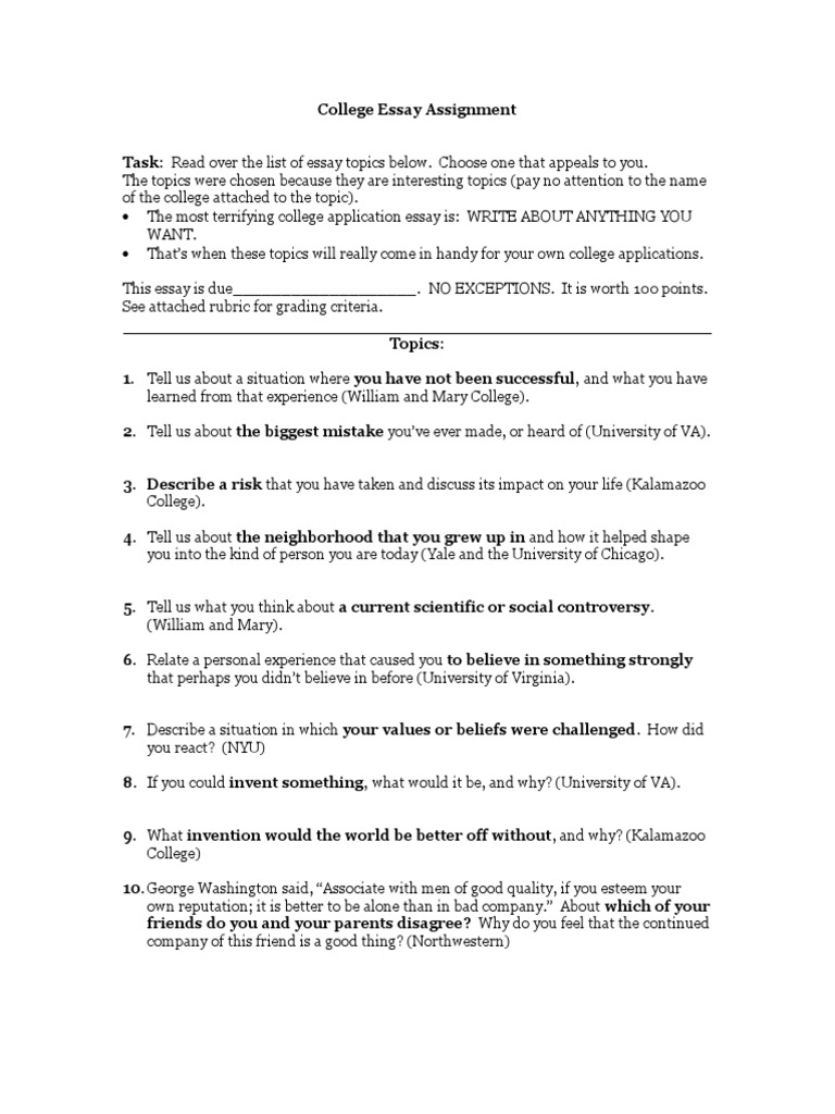 College Essay Topics & Rubric | PDF | Grammar | Essays