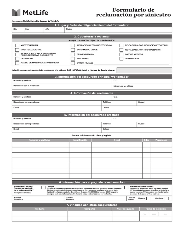 Formato de Reclamación Metlife | PDF