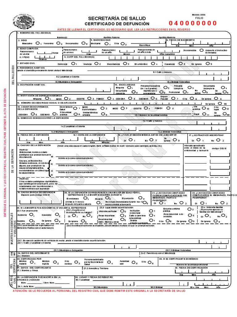 Certificado de defunción de México: Documento para registrar los detalles de un fallecimiento ...