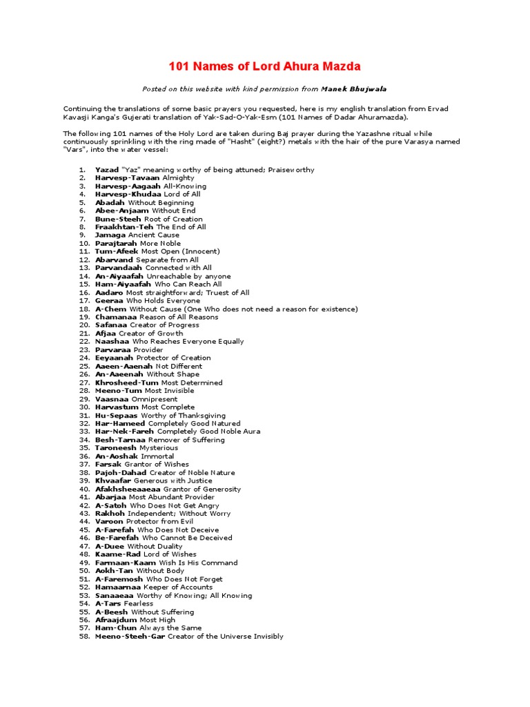 101 Names of Lord Ahura Mazda | Download Free PDF | Religious Belief ...