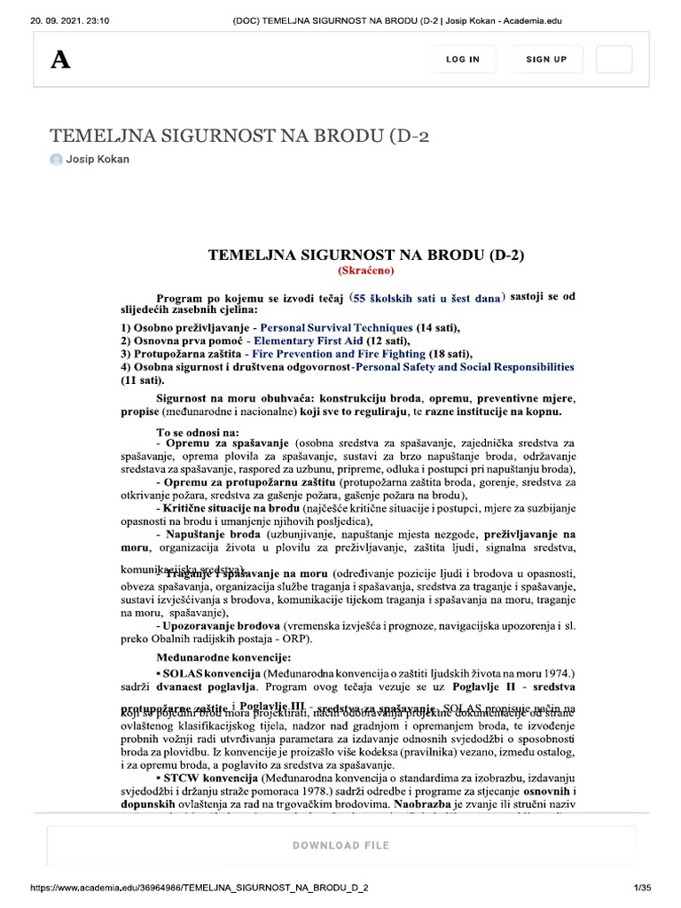 Temeljna Sigurnost Na Brodu (D-2) | PDF