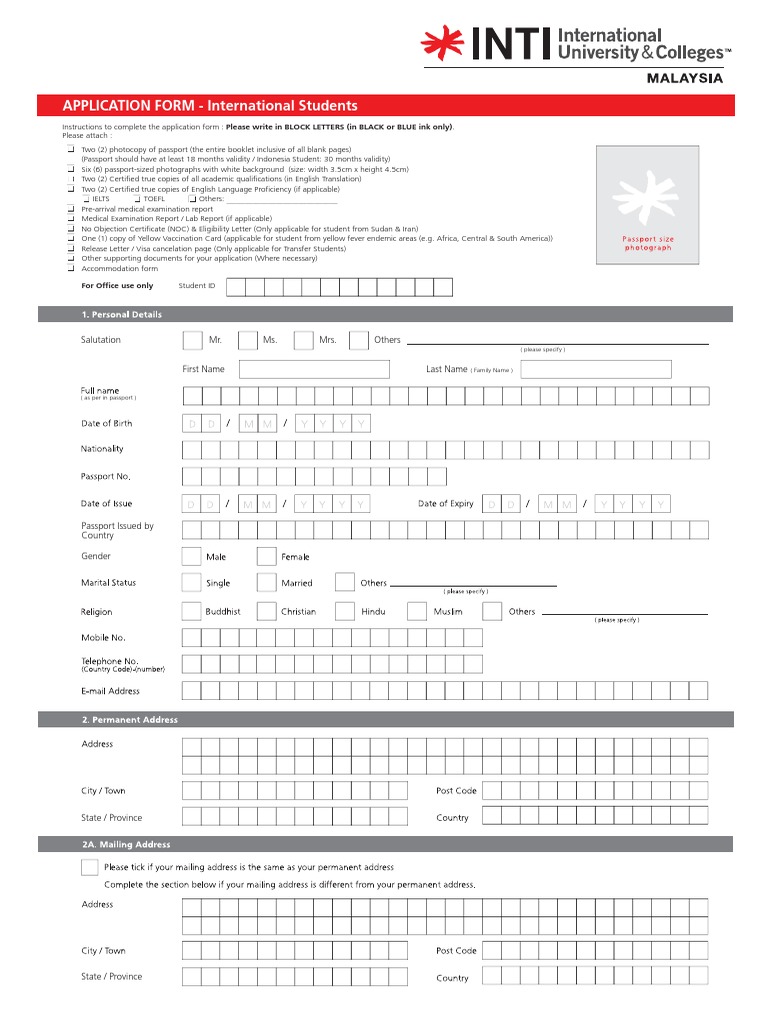 INTI International Students Application Form | PDF | Cheque | Payments