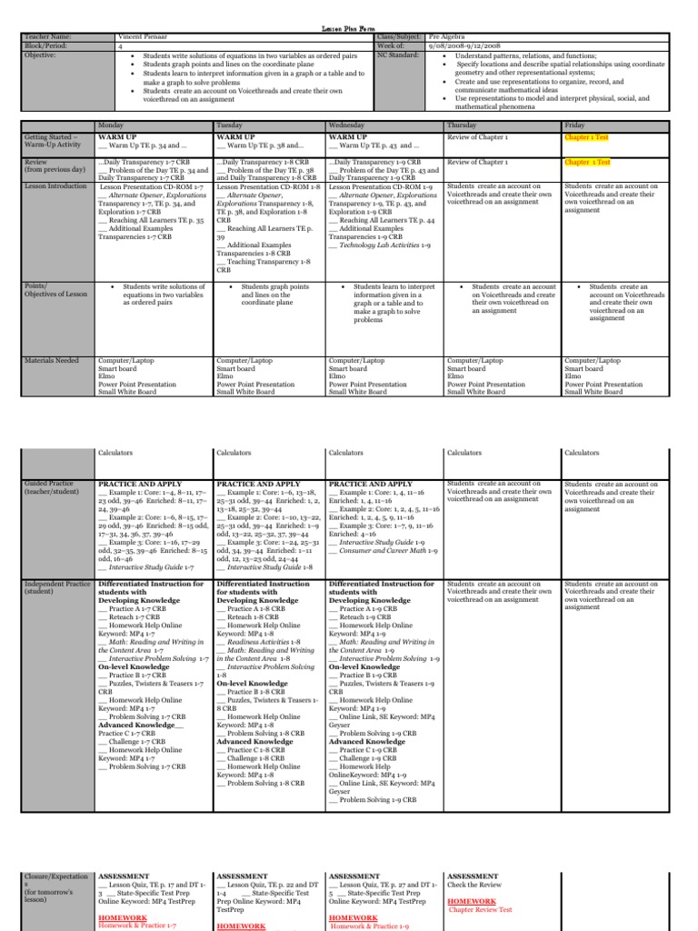 Lessonplan Week 3 Pre Alg | PDF | Business