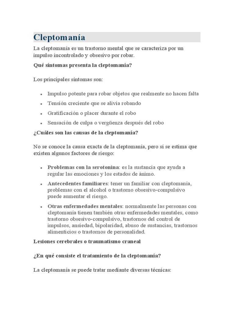 Cleptomanía: Síntomas y Tratamiento | PDF