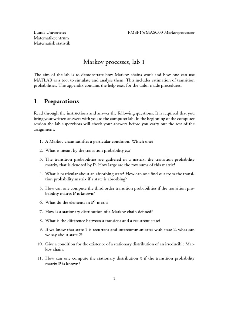Lab 1 Handl | PDF | Markov Chain | Eigenvalues And Eigenvectors