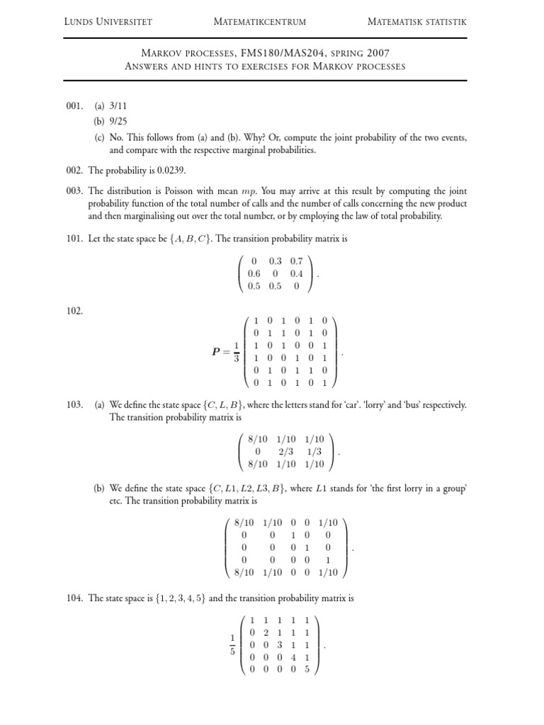 M, FMS180/MAS204, 2007 A M: Arkov Processes Spring Nswers and Hints To ...