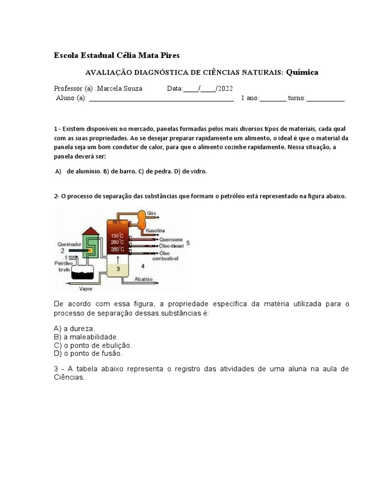 Avaliação Diagnostica 1 Ano Quimica Pdf Química Substancias Químicas