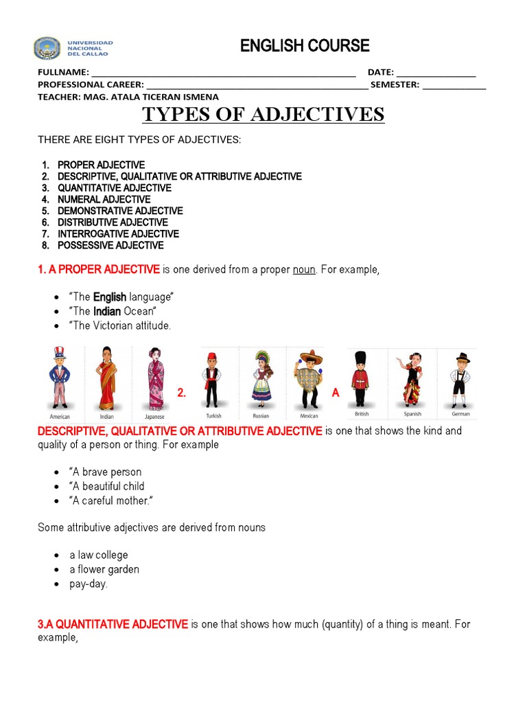 Types of Adjectives: English Course | PDF | Adjective | Noun