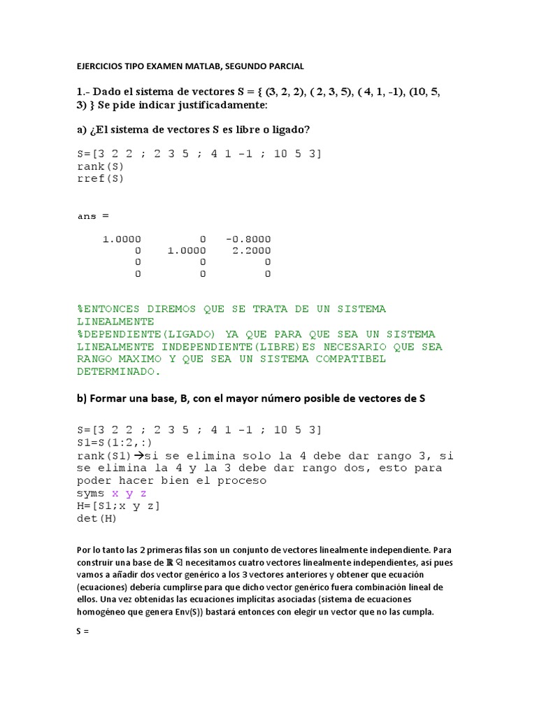 Ejercicios Tipo Examen Matlab | PDF | Espacio vectorial | Álgebra abstracta
