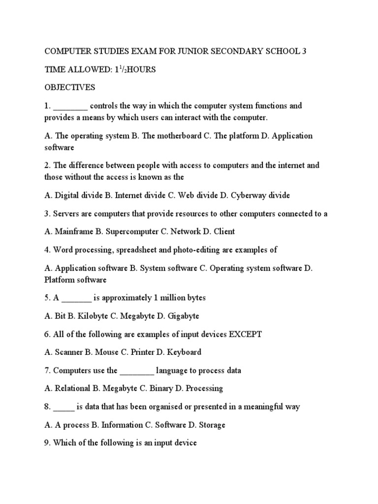 Exam For Jss3 | PDF | Operating System | Byte