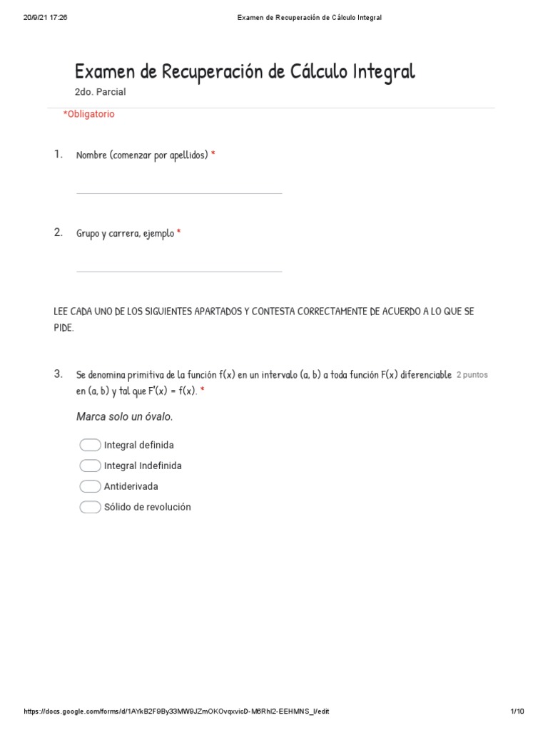 Recuperación de Examen 2do Parcial Cálculo Integral - Formularios de Google | PDF | Integral ...