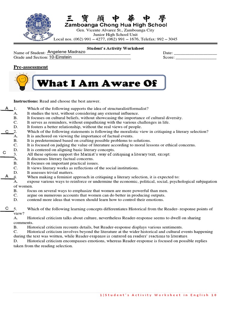 Literary Criticism Approaches Worksheet | PDF | Feminism | Gender Studies