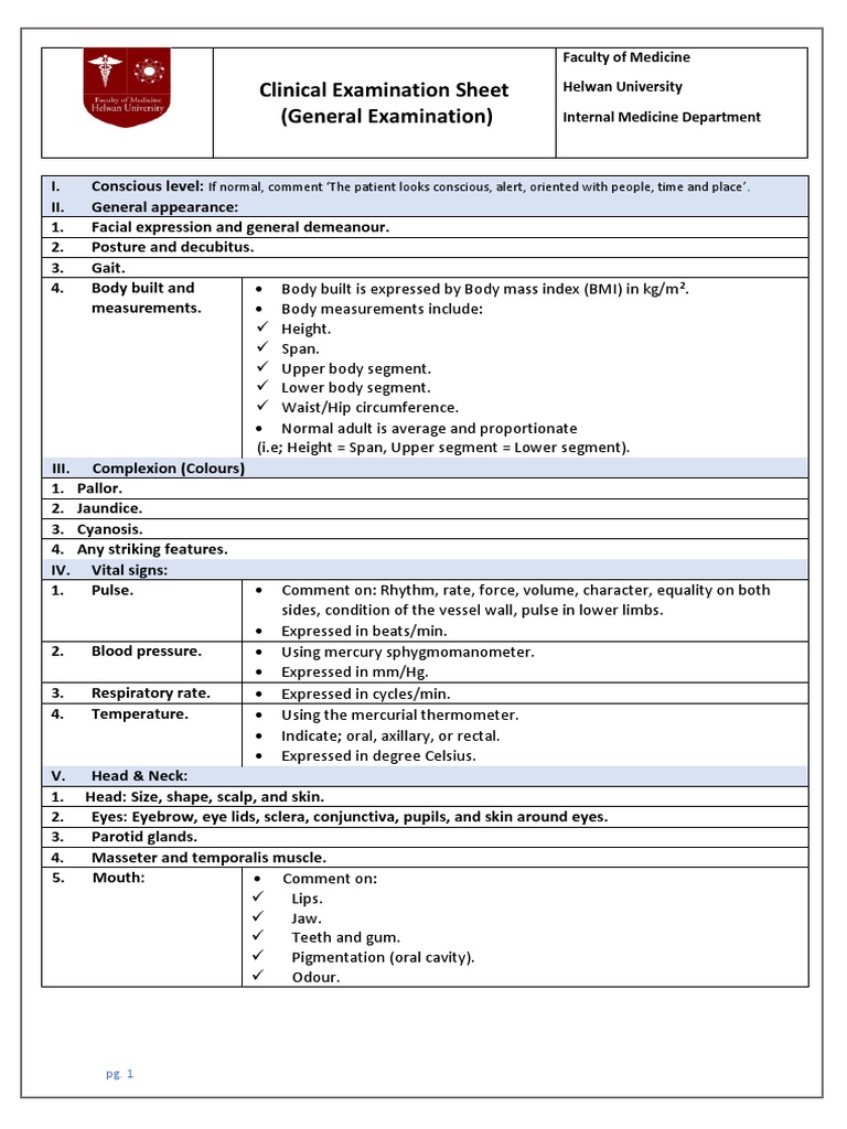 Clinical Examination Sheet (General Examination) | PDF | Tongue | Vein