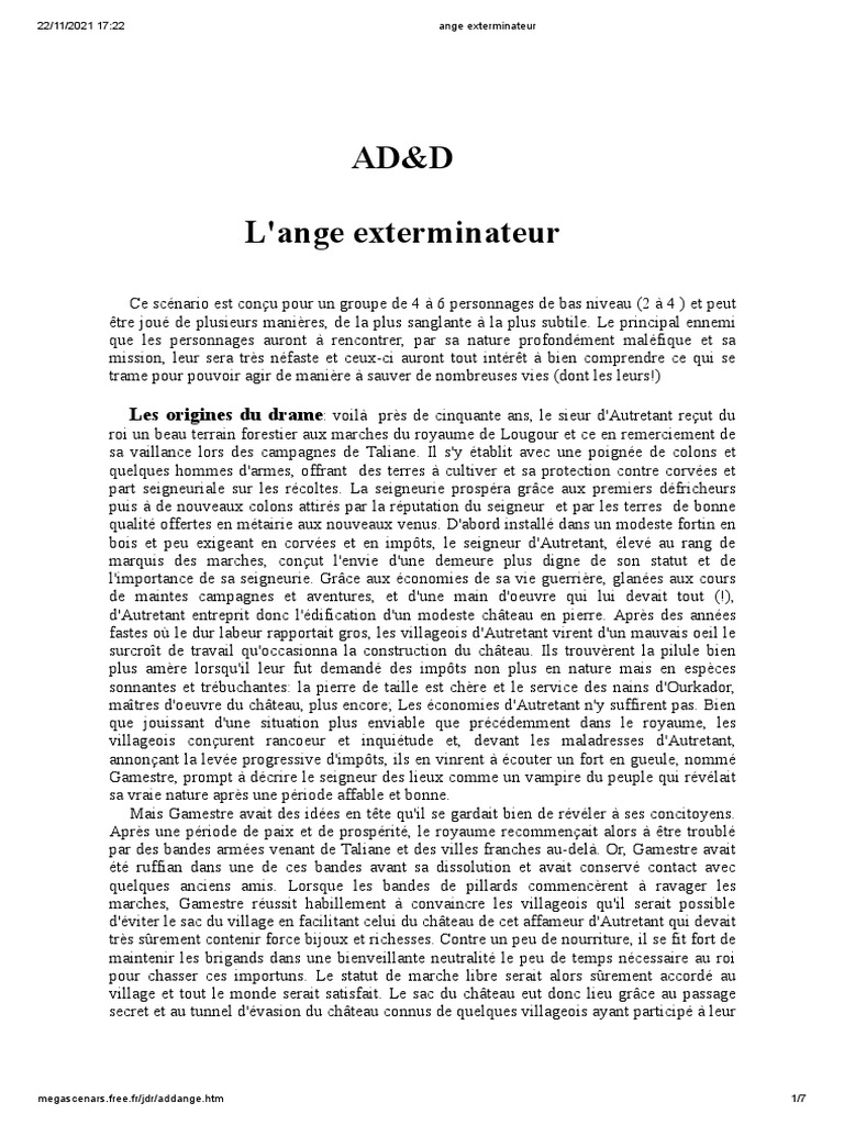 L'ange exterminateur : scénario JDR | PDF