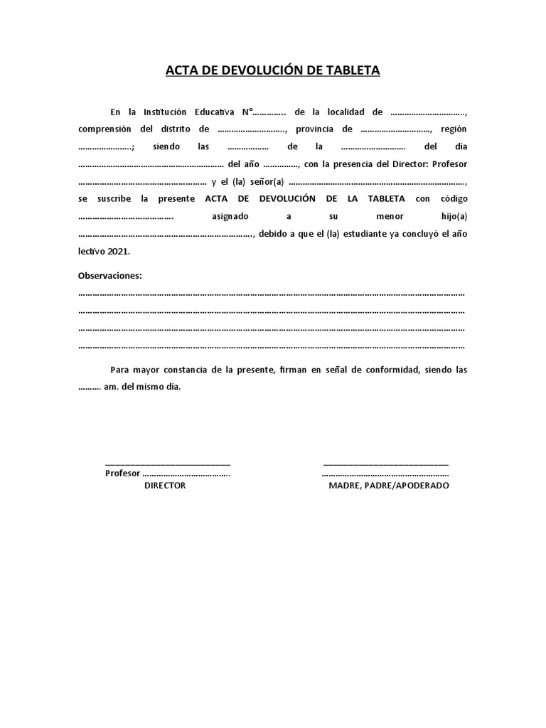 EJEMPLO - ACTA DE DEVOLUCIÓN DE TABLETA 2021 | PDF