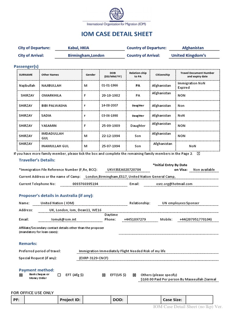 Iom Case Detail Sheet: Passenger(s) | PDF | Cultural Globalization ...