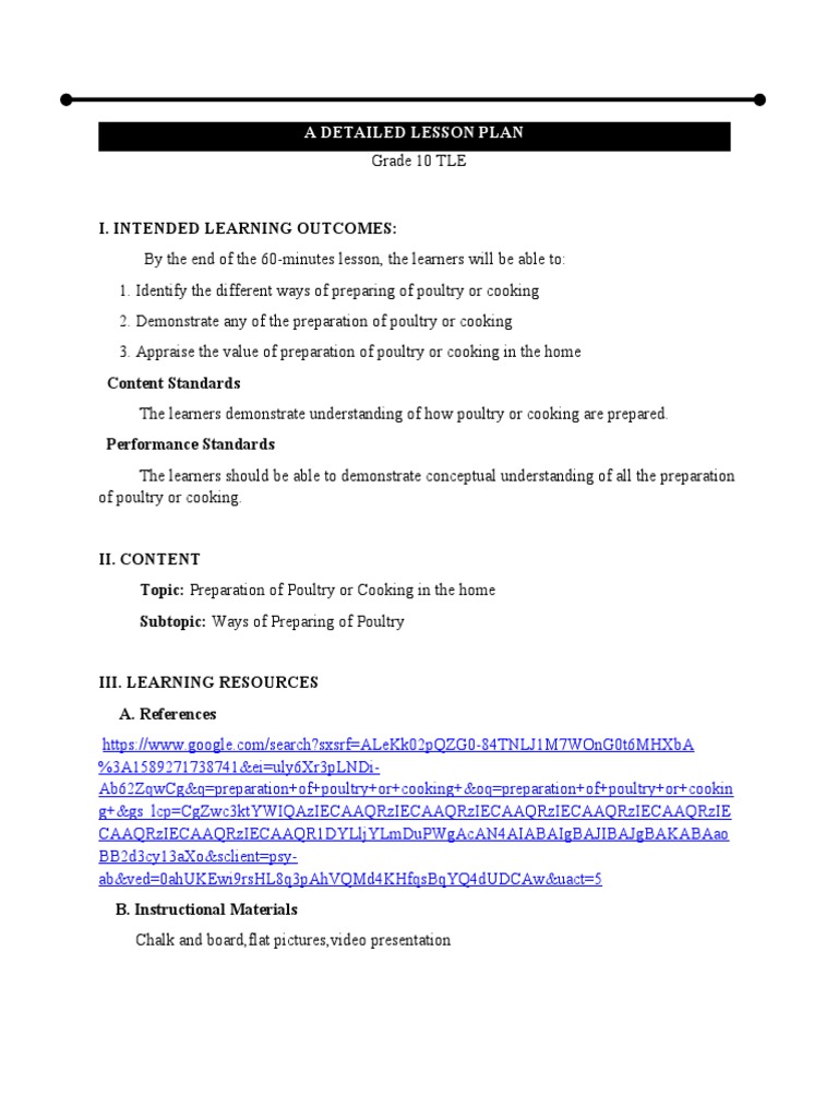 A DETAILED LESSON PLAN Tle | PDF | Lesson Plan | Chicken
