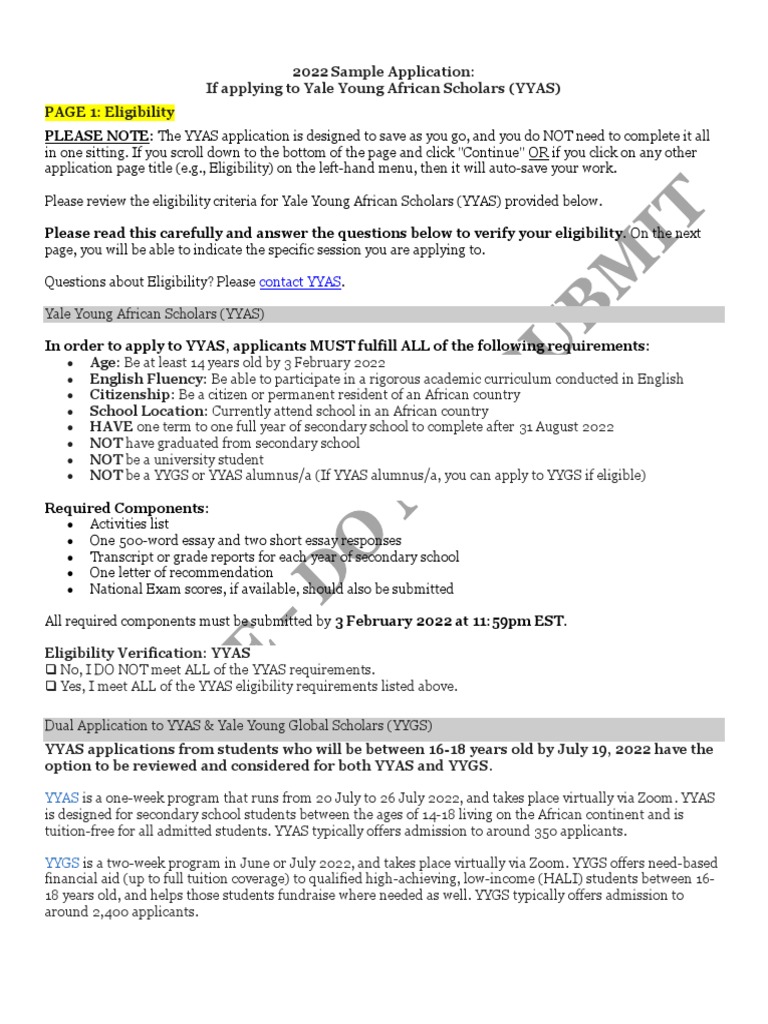 2022 YYAS Application - SAMPLE v2 | PDF | Schools | United States Dollar