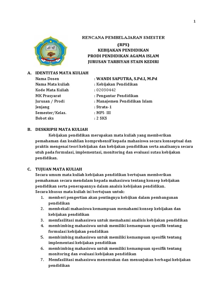 RPS Kebijakan Pendidikan | PDF | Karier & Perkembangan | Sains & Matematika