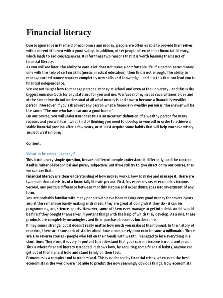 Financial Literacy | PDF | Literacy | Thought