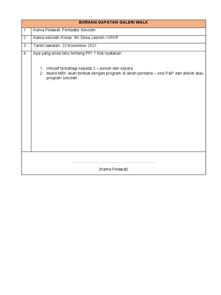 Borang Penetapan Fokus Galeri Walk (1) SKDJ | PDF