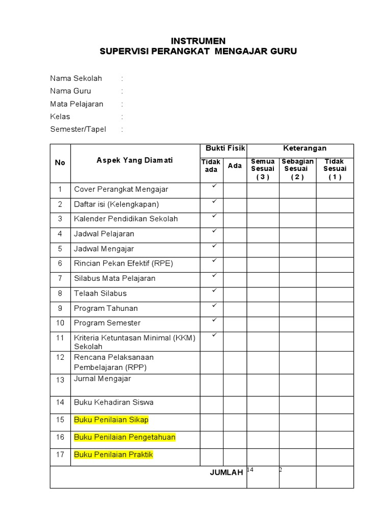 Instrumen Supervisi Perangkat 2022 | PDF