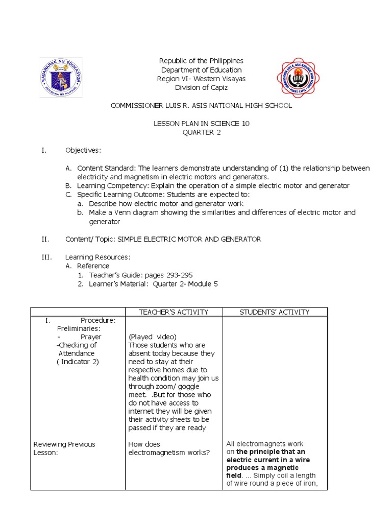 Lesson Plan in Electric Motor and Generator | PDF | Electric Motor ...