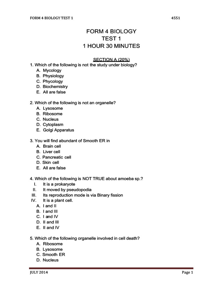 Form 4 Biology Form 4 Biology Test 1 Test 1 1 Hour 30 Minutes 1 Hour 30 ...