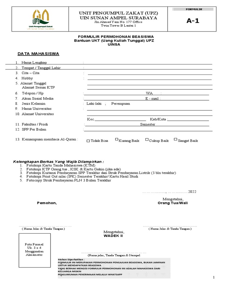 Formulir Permohonan Beasiswa UPZ UINSA | PDF