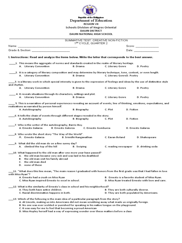 Summative Test on Creative Non-Fiction | PDF | Poetry | Rhyme