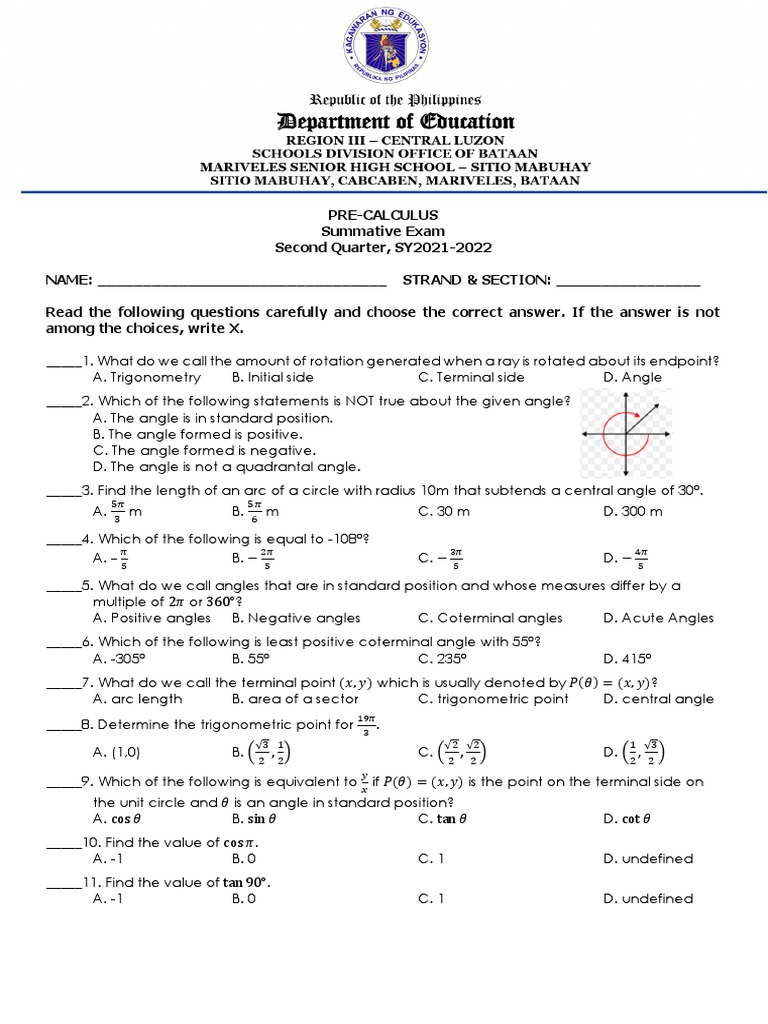Pre Calculus Summative Exam Q2 SY2021 2022 | PDF | Angle ...