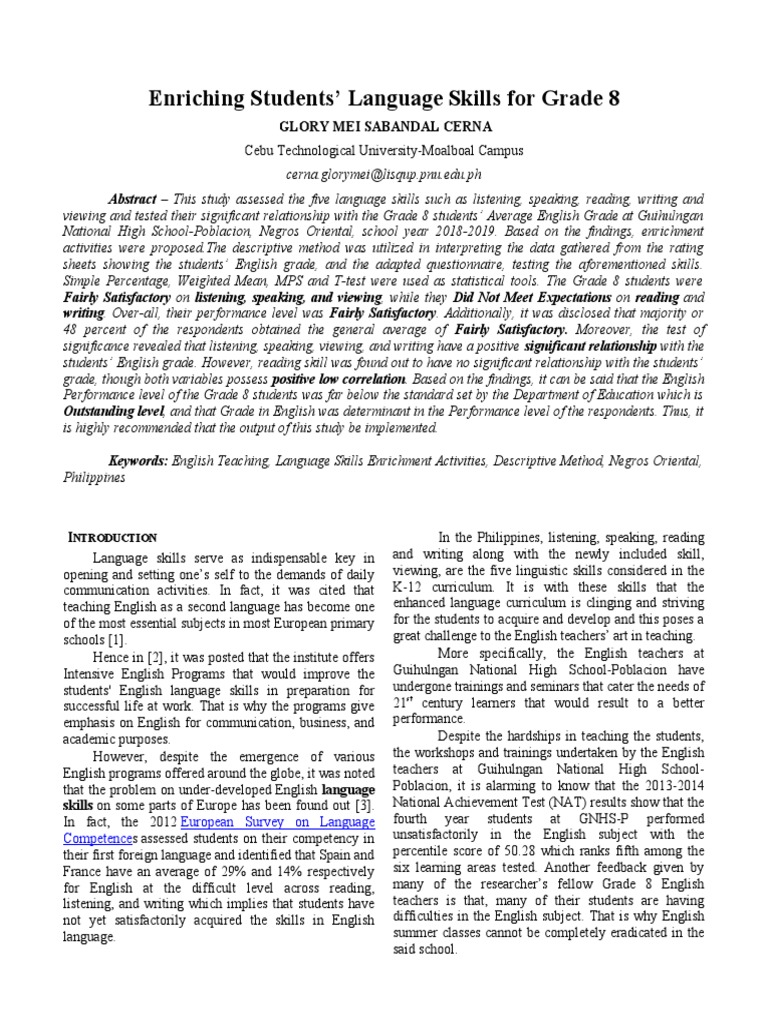 Enriching Students' Language Skills For Grade 8 | PDF | Reading ...
