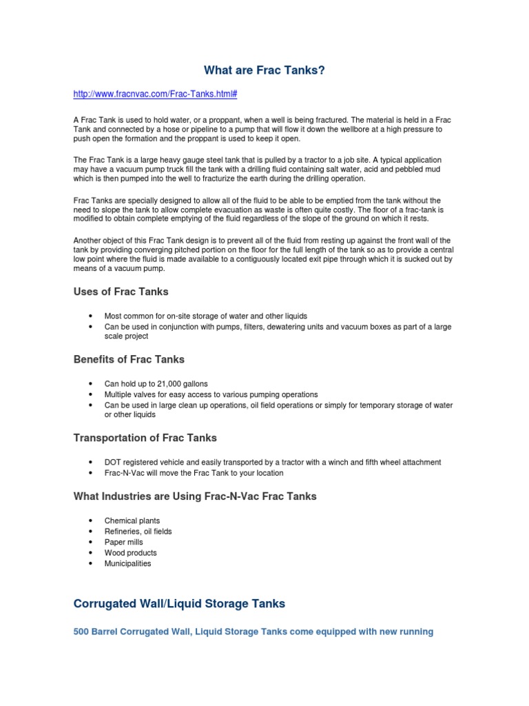 Overview of Frac Tank Uses and Specs | PDF | Pump | Vacuum