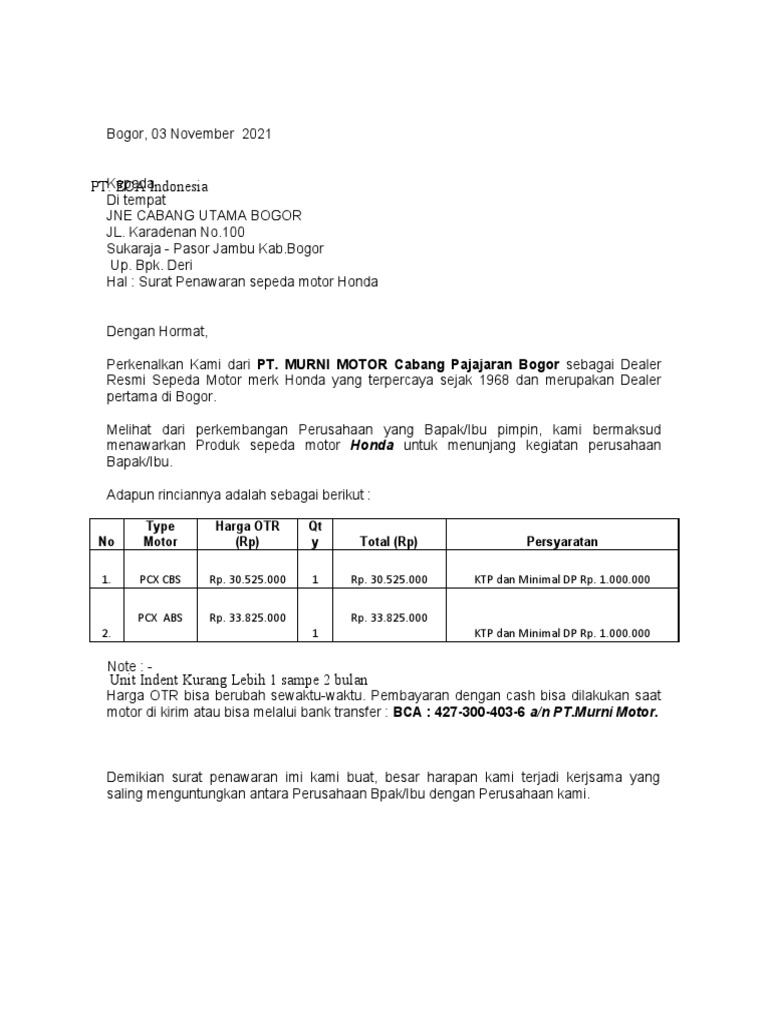 Penawaran Sepeda Motor Honda untuk Perusahaan | PDF