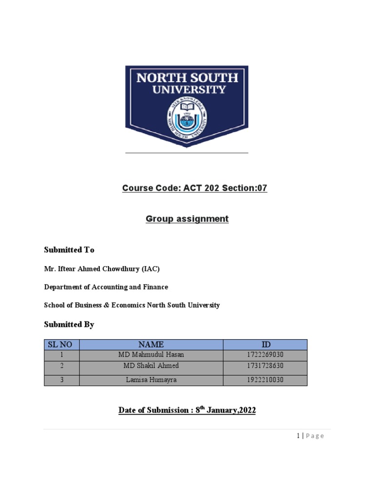Course Code: ACT 202 Section:07 Group Assignment: Submitted To ...