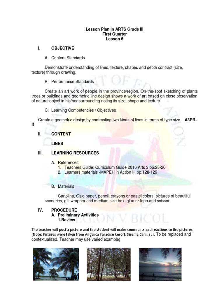 Lesson Plan in ARTS Grade III First Quarter Lesson 6 I. Objective | PDF ...