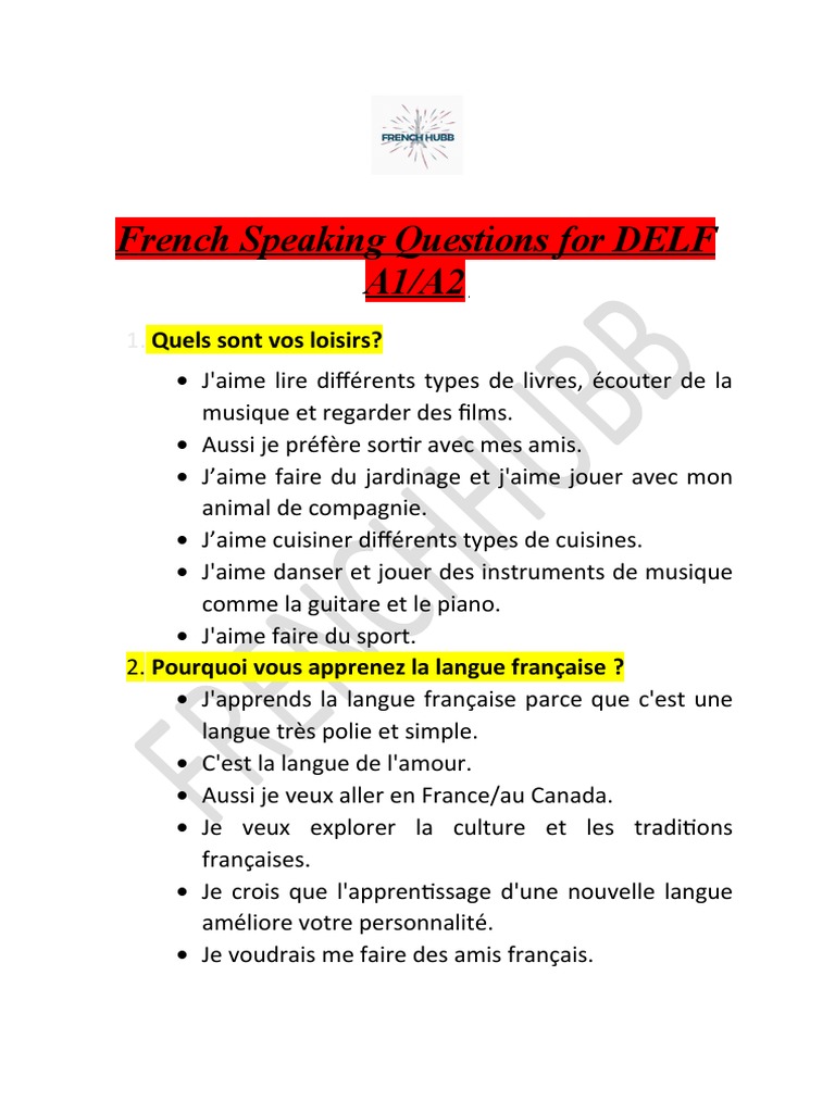 French Speaking Questions For DELF A1 | PDF