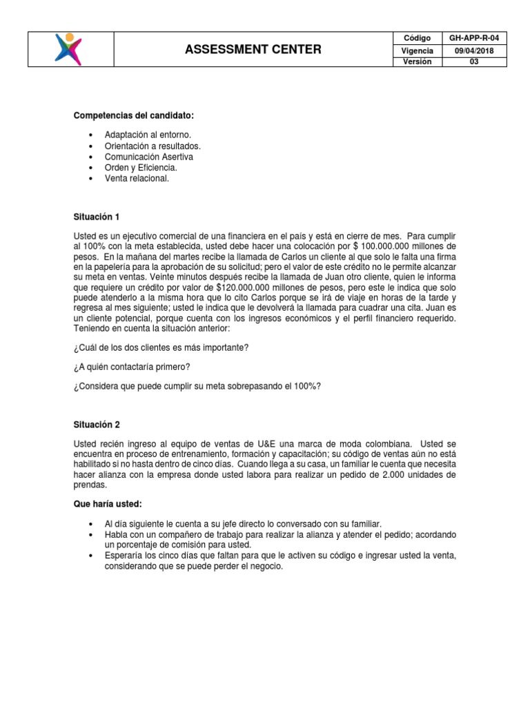 Prueba Assessment Center Comercial | PDF | Economias