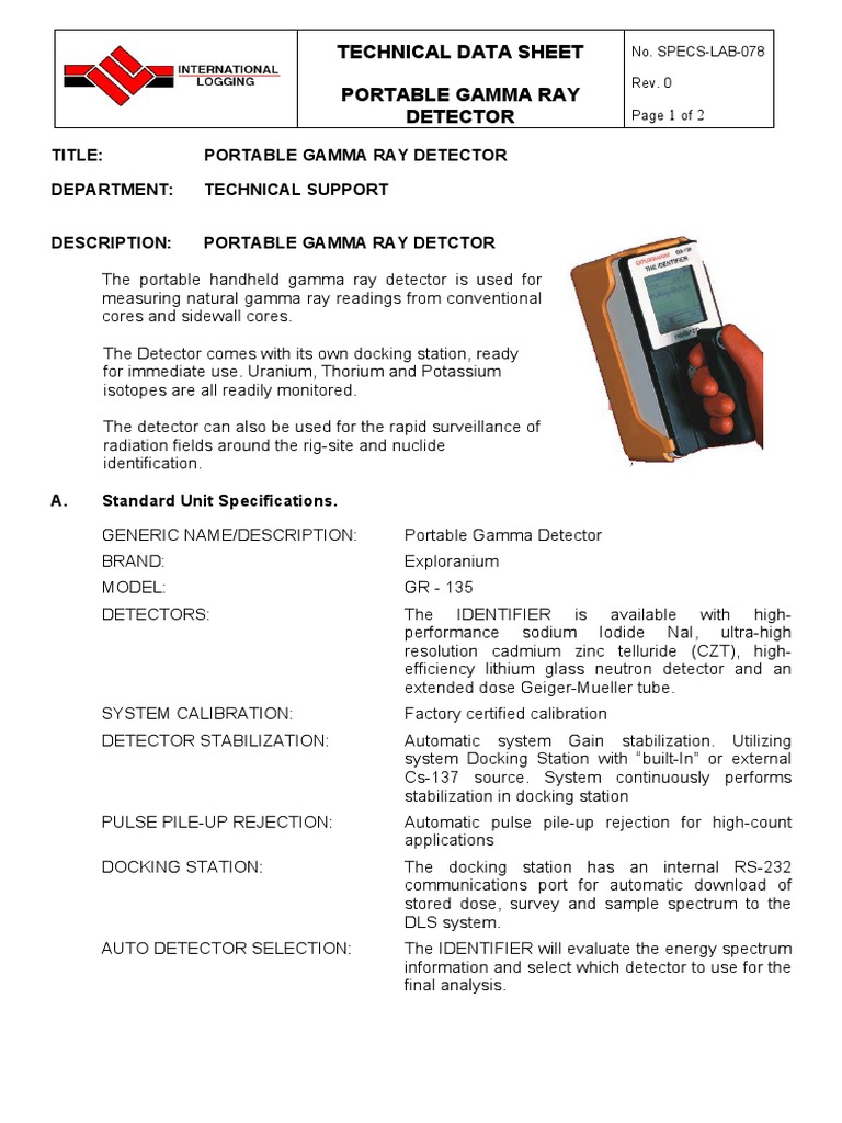 Portable Gamma Ray Detector Spec Sheet | PDF | Chemistry | Gamma Ray