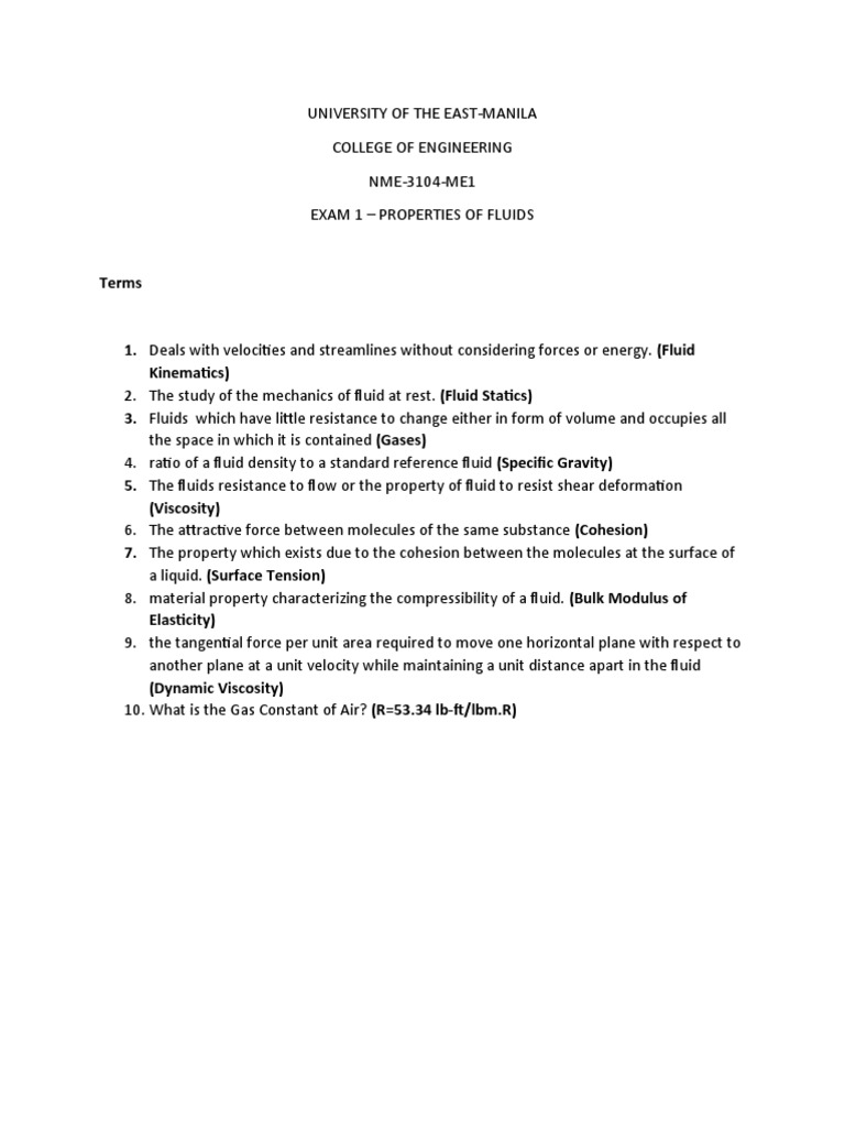 Exam 1 Properties of Fluids Upload | PDF | Viscosity | Fluid