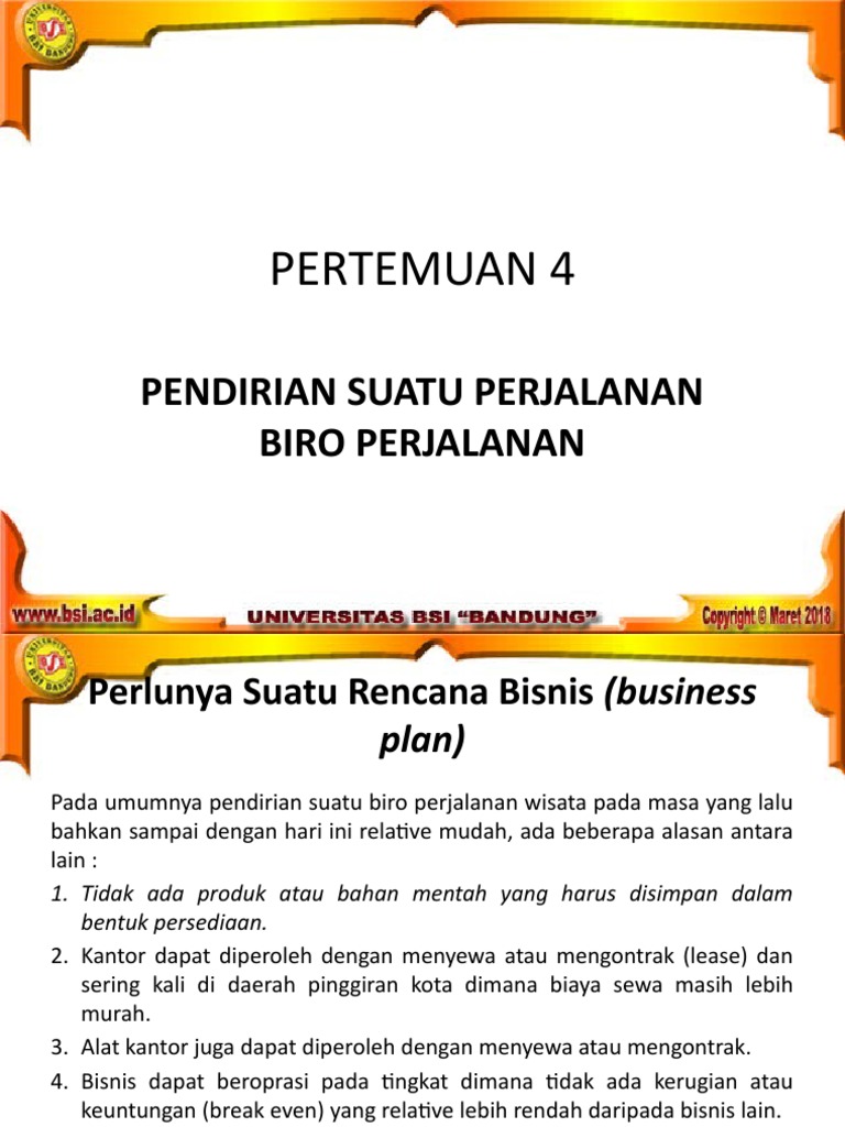 Pertemuan 4: Pendirian Suatu Perjalanan Biro Perjalanan | PDF | Bisnis