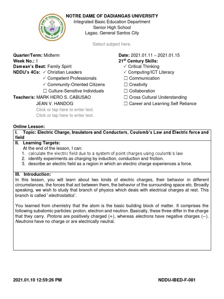 Week 1module Student | PDF | Electric Charge | Electric Field