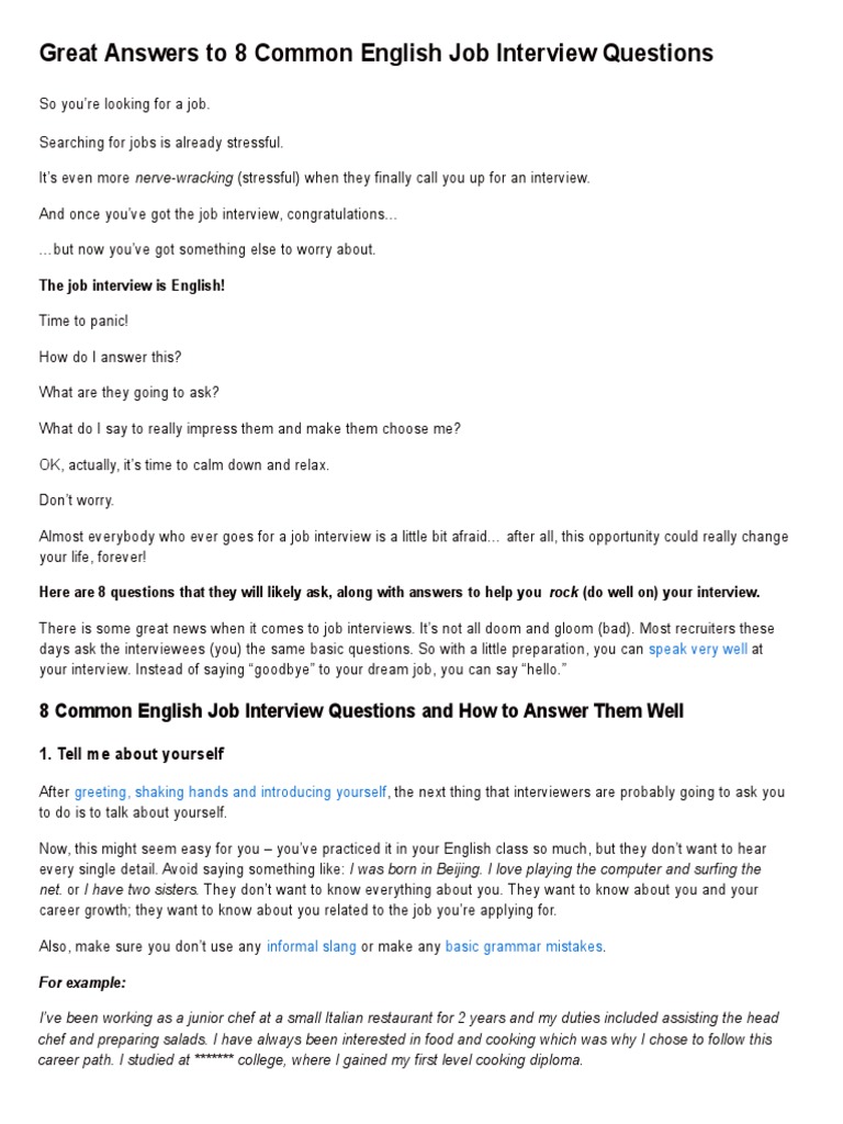 Great Answers To 8 Common English Job Interview Questions | PDF | Job ...