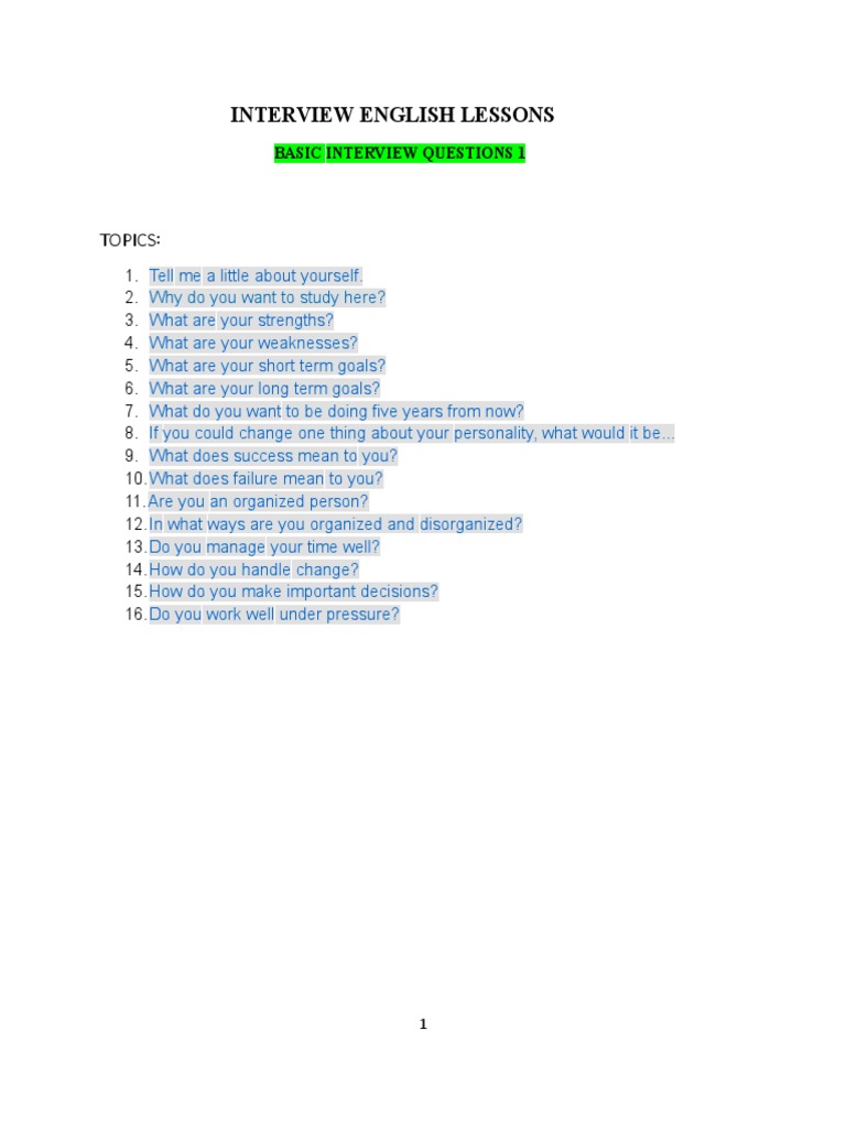Interview English Basics | PDF | Goal | Marketing