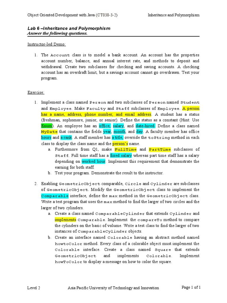 Lab 6 Inheritance And Polymorphism Answer The Following Questions Pdf Inheritance Object