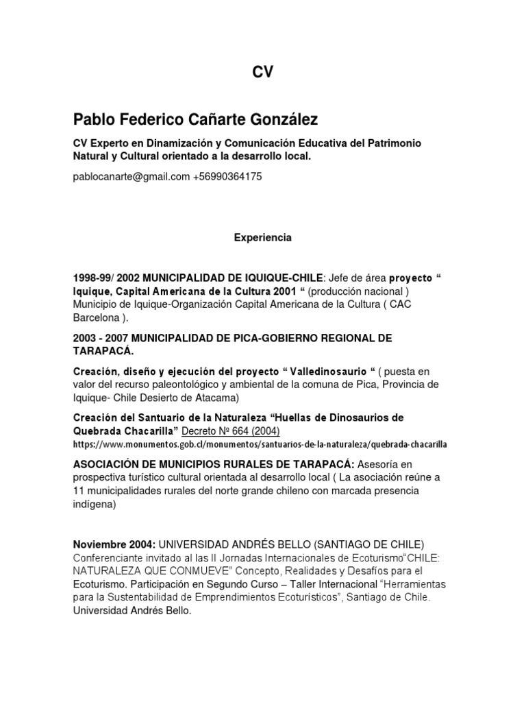 CV Pablo Cañarte Actualizado | PDF | Chile | Turismo