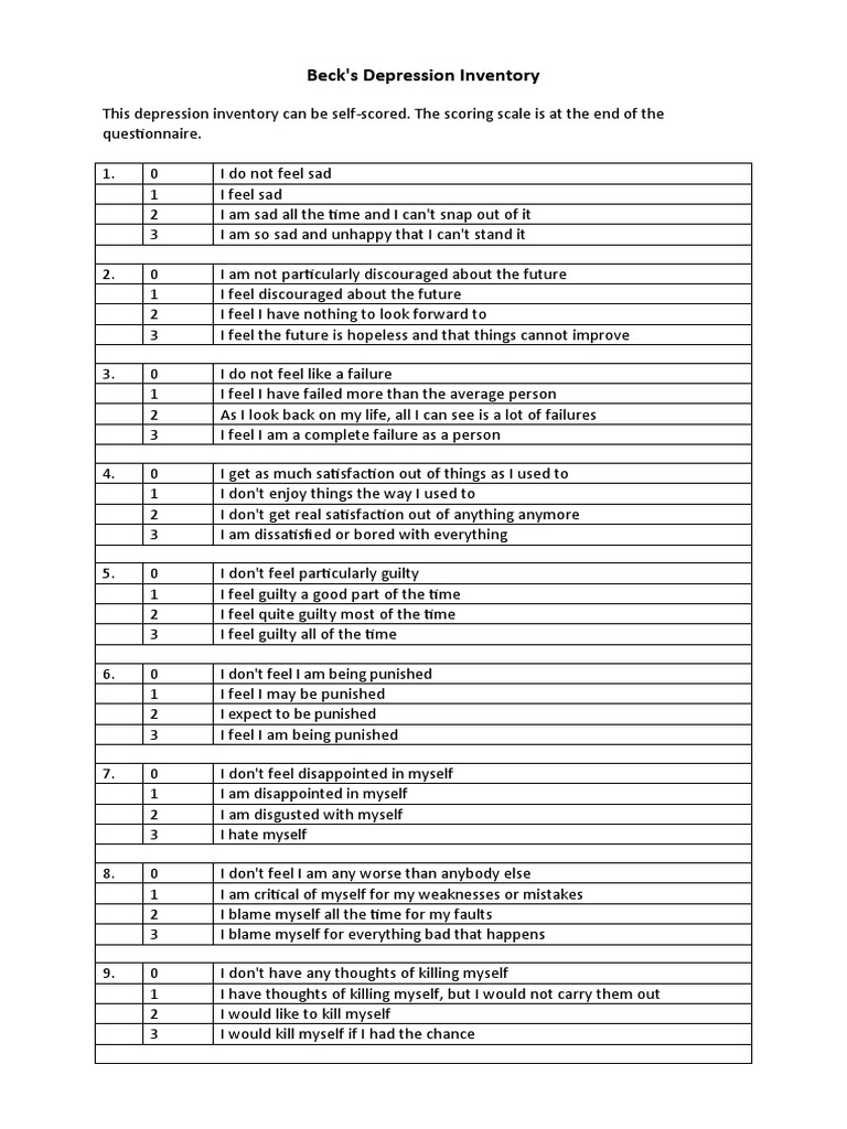Beck Depression Inventory Scoring Guide | PDF | Depression (Mood ...